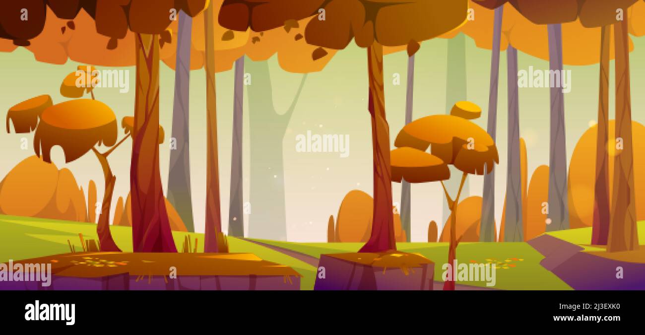 Autumn forest landscape with orange foliage, tree trunks and path ...
