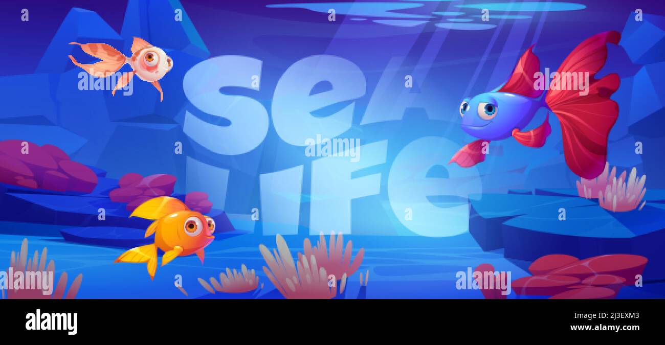 Sea life cartoon banner with cute tropical fishes at coral reef ...