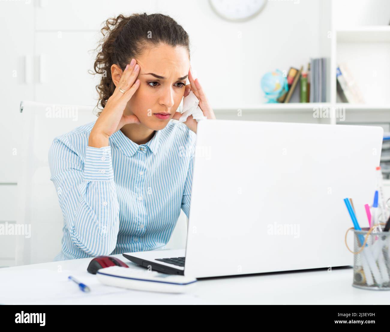 Woman headache laptop documents hi-res stock photography and images - Alamy