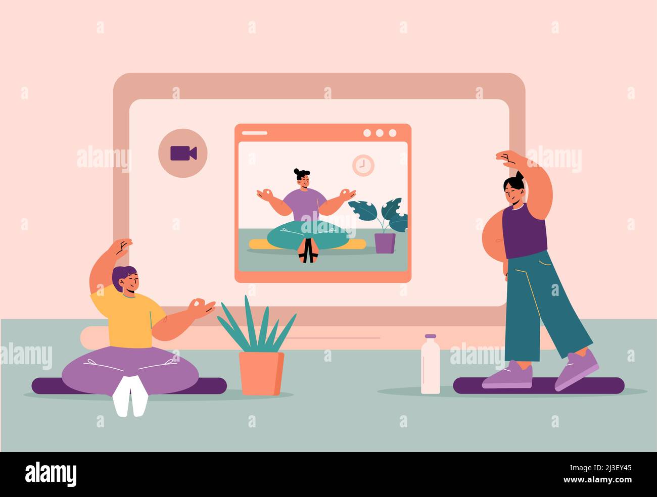 Online yoga classes, women exercise at home front of computer screen ...