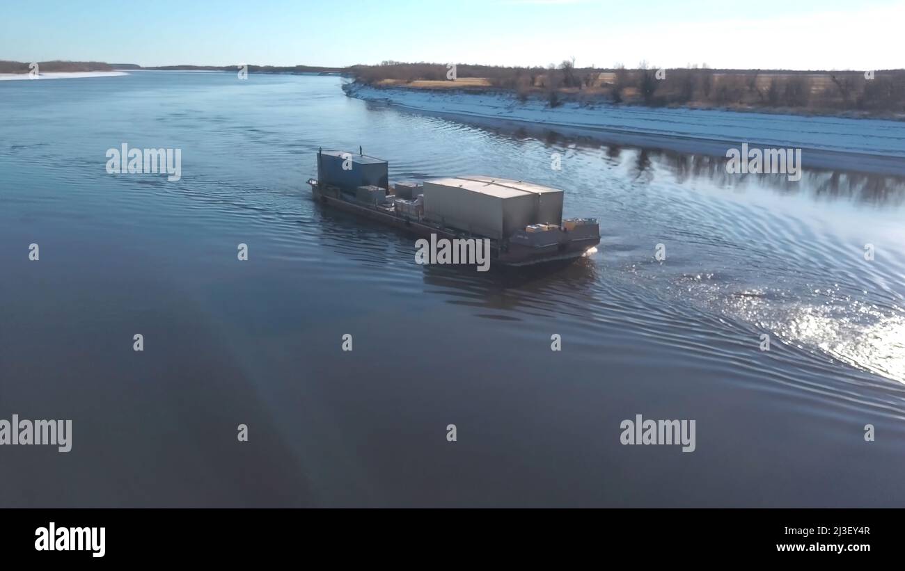 Top view of boat with cargo floating on river. Clip. Beautiful ...