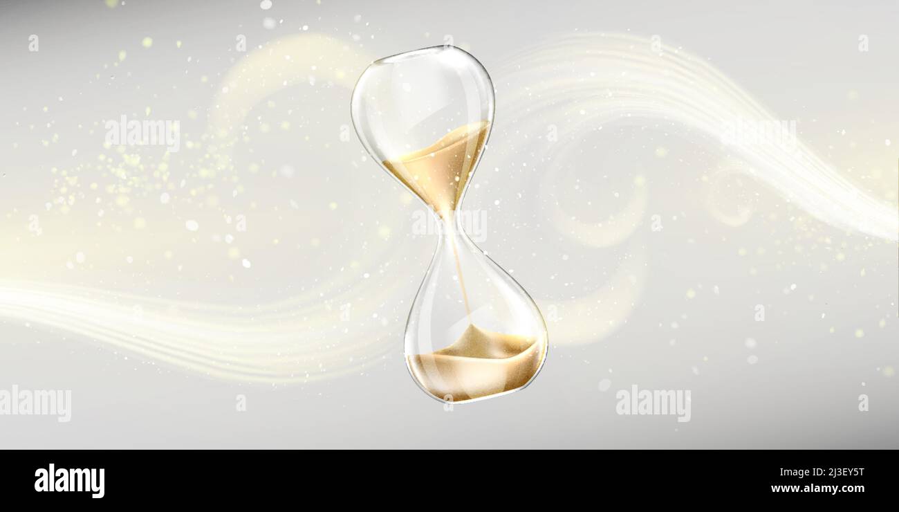 Background with sand hourglass, glass timer with falling golden grains ...