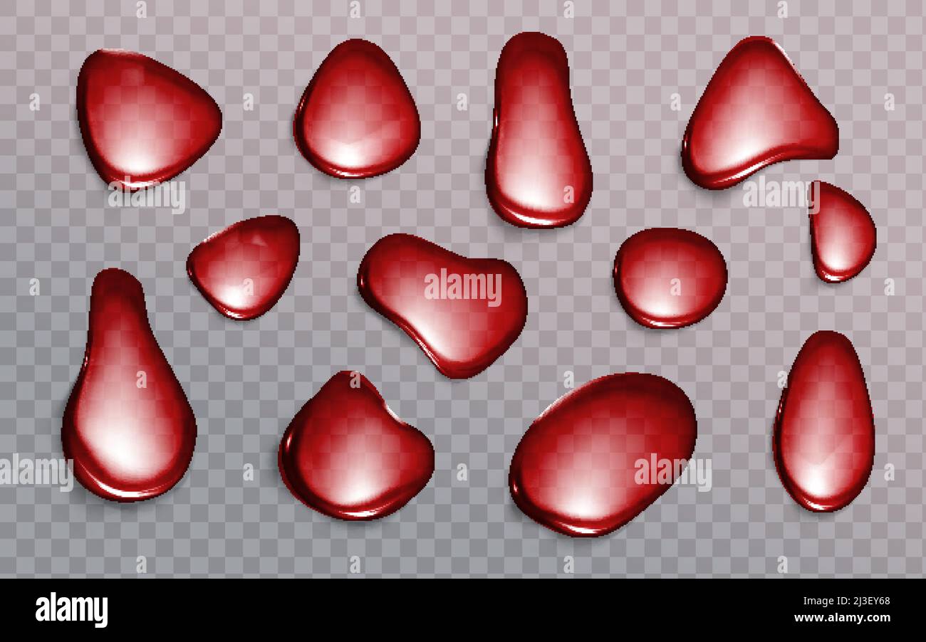 Red drops on transparent background. Blood, strawberry juice or wine ...