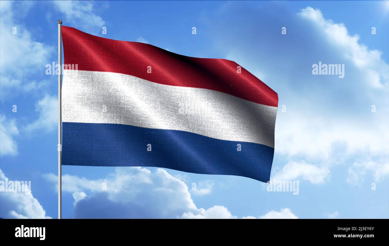 3D animation of waving flag on background of blue sky. Motion. Flag on ...