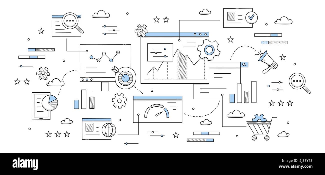 SEO optimization abstract business background with doodle icons ...