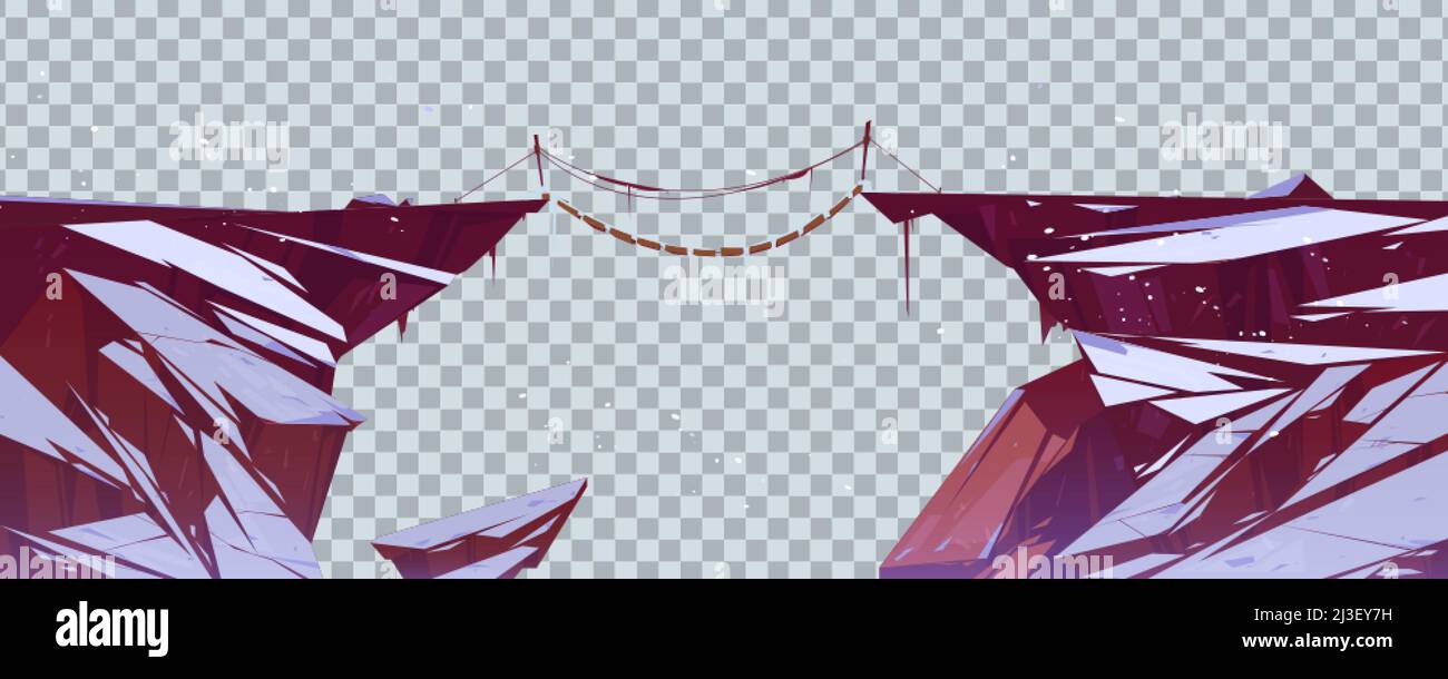 Suspension bridge over precipice between cliffs with snow isolated on ...