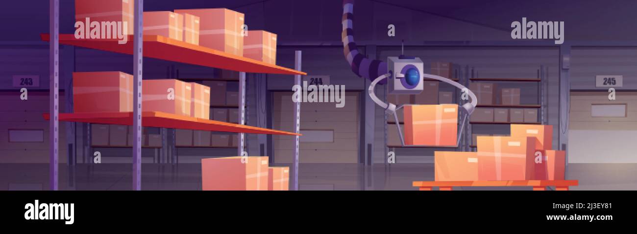 Warehouse with automated robot, cardboard boxes on shelves and pallet ...