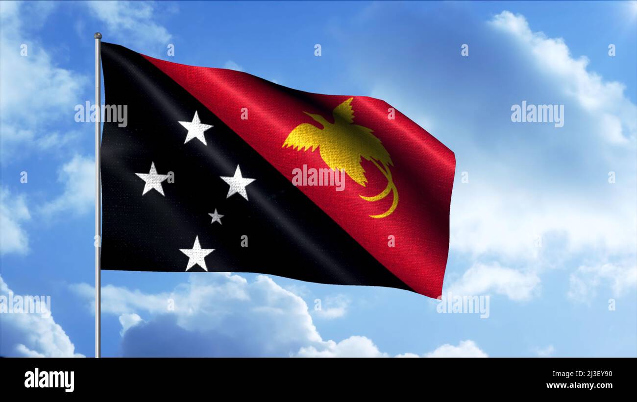 3D animation of waving flag on background of blue sky. Motion. Flag on ...