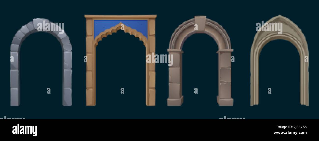 Ancient greek, roman and arabic stone arches. Vector cartoon set of old ...