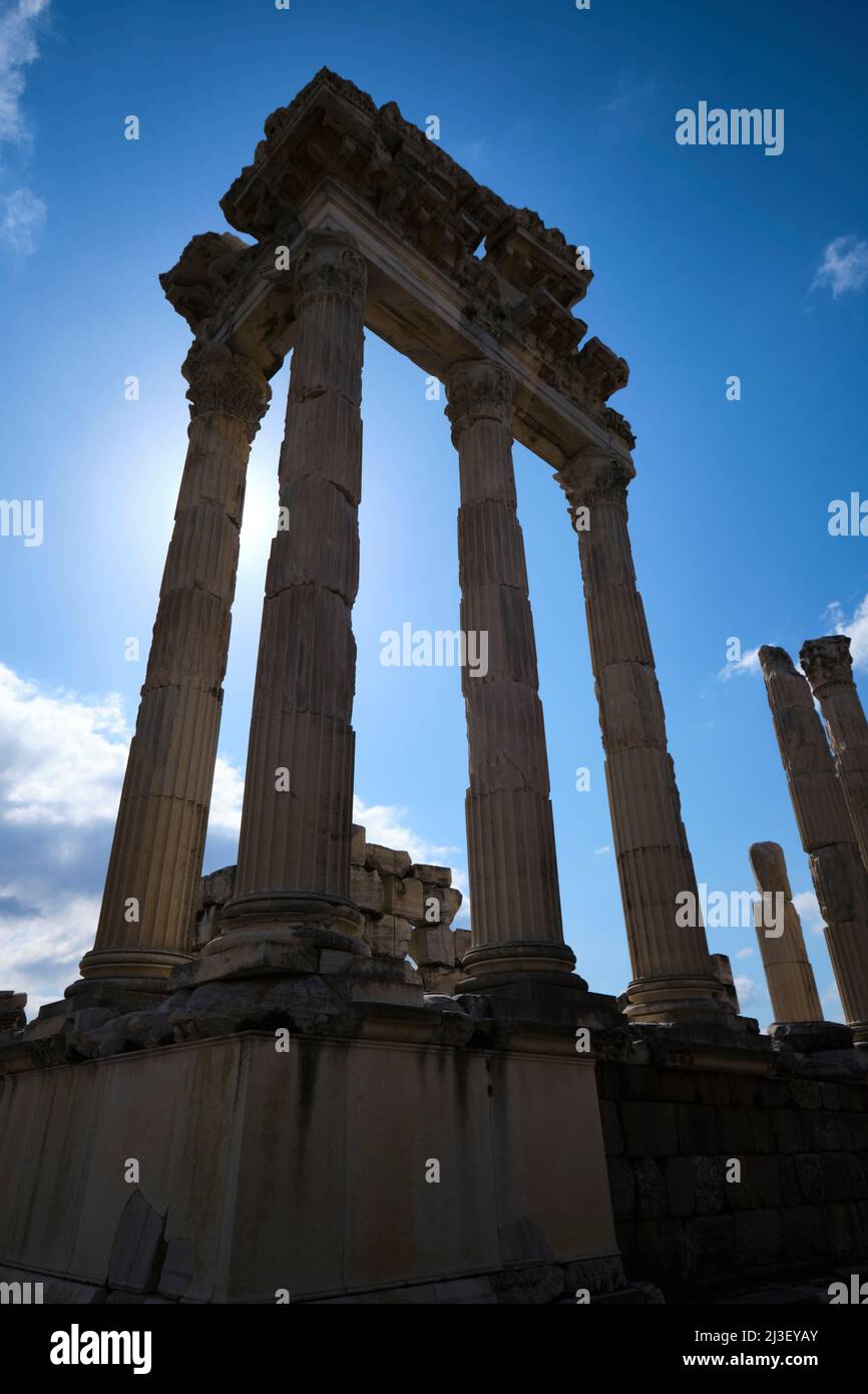 A backlit, blue sky view of the re-assembled corner of the temple of ...