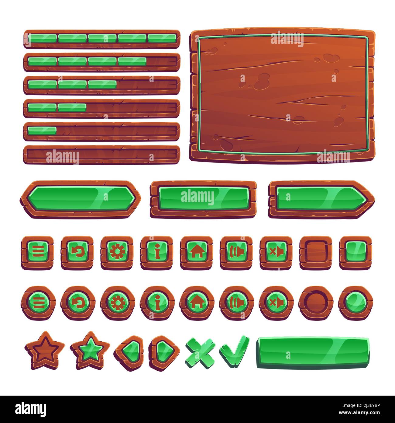 Buttons from wooden boards with green for ui game. Vector cartoon set ...
