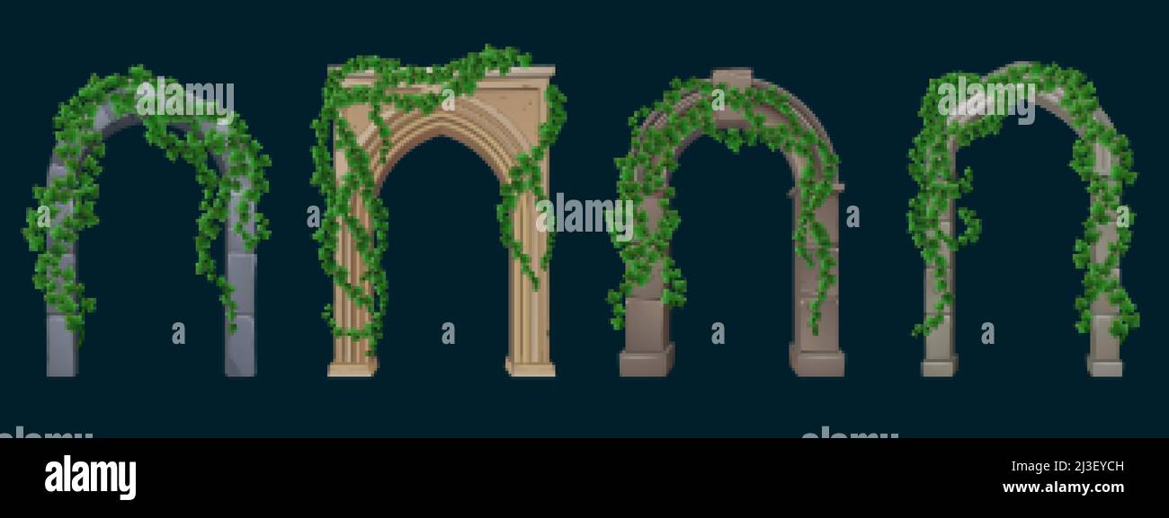 Ancient greek or roman arches with stone columns and ivy vines with ...