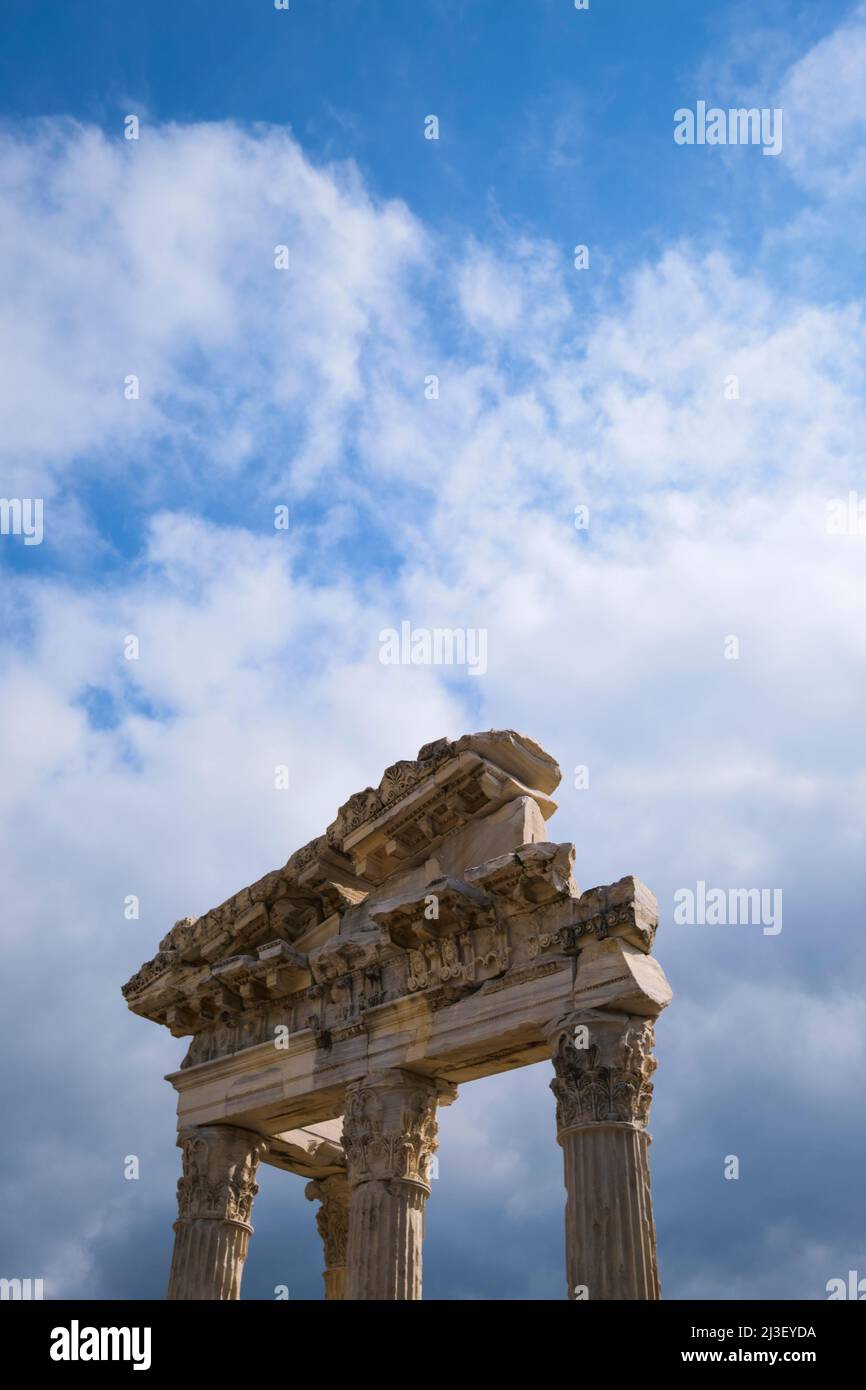 An abstract, against sky view of the re-assembled corner of the temple ...