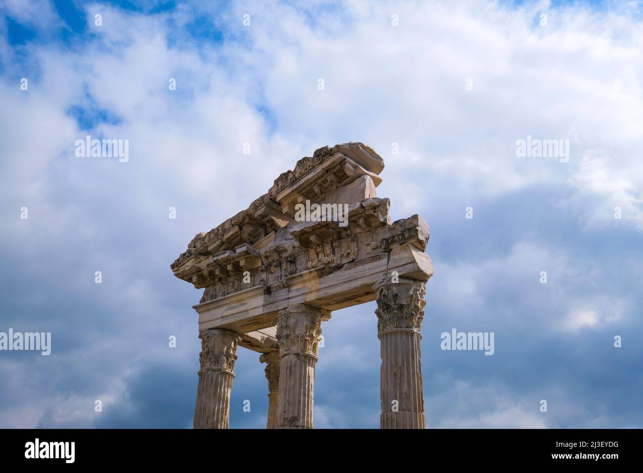 An abstract, against sky view of the re-assembled corner of the temple ...