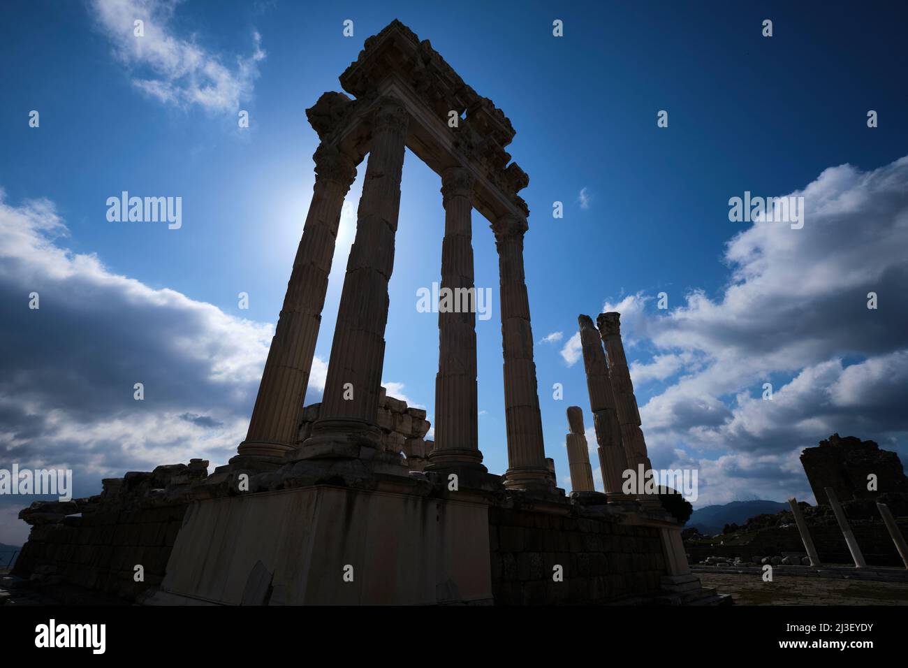 A backlit, blue sky view of the re-assembled corner of the temple of ...