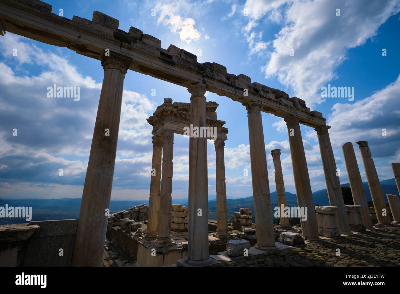 A backlit, blue sky view of the re-assembled column sections of the ...