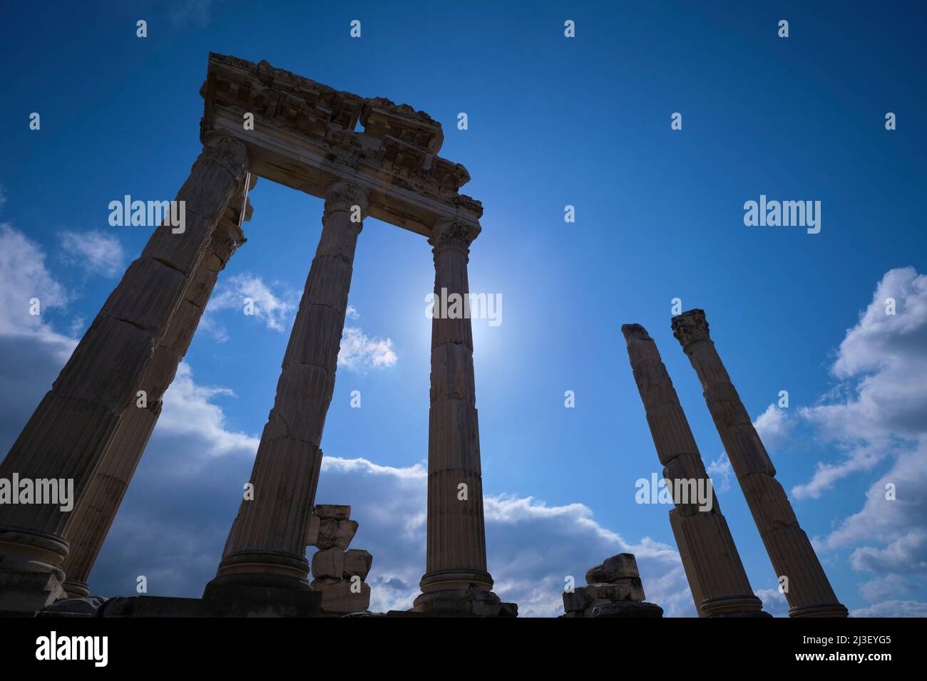 A backlit, blue sky view of the re-assembled column sections of the ...