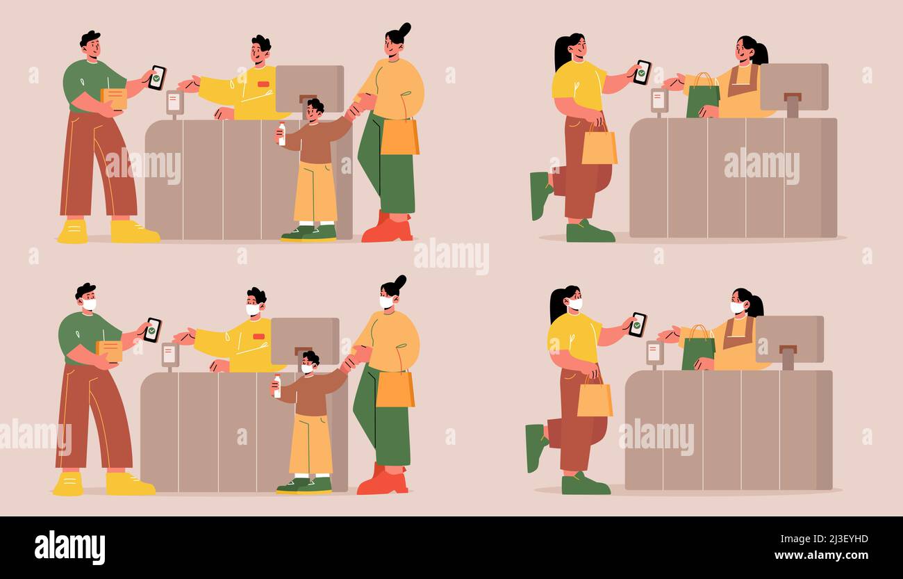 People pay for purchase on checkout counter in supermarket. Concept of ...