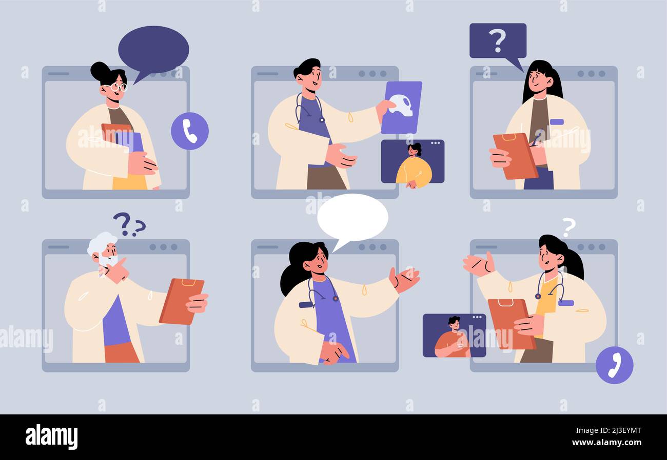 Online medicine service with doctors on computer screen. Vector flat ...