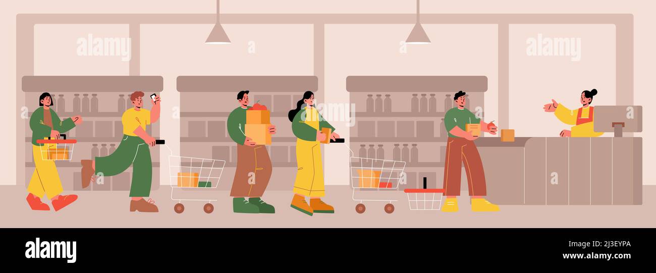 Queue in store, unhappy customers stand in long line at grocery ...