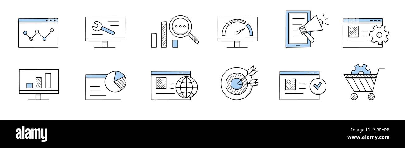SEO, search engine optimization icons. Symbols of Internet marketing ...