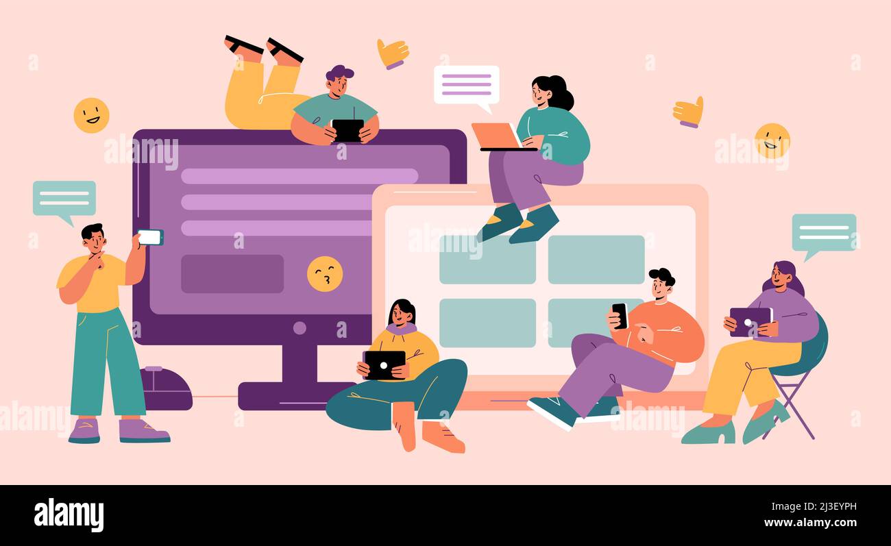 Tiny people with gadgets at huge computer desktops. Young men and women ...