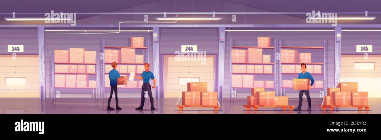Warehouse with workers, cardboard boxes on shelves and pallets. Vector ...