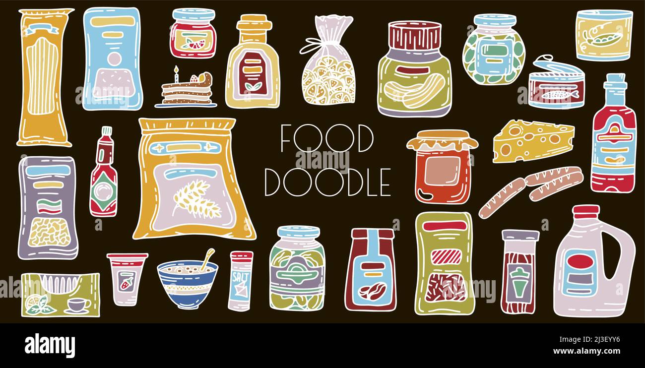 Vector doodle grocery store products. Hand drawn scetch icons. Food and ...