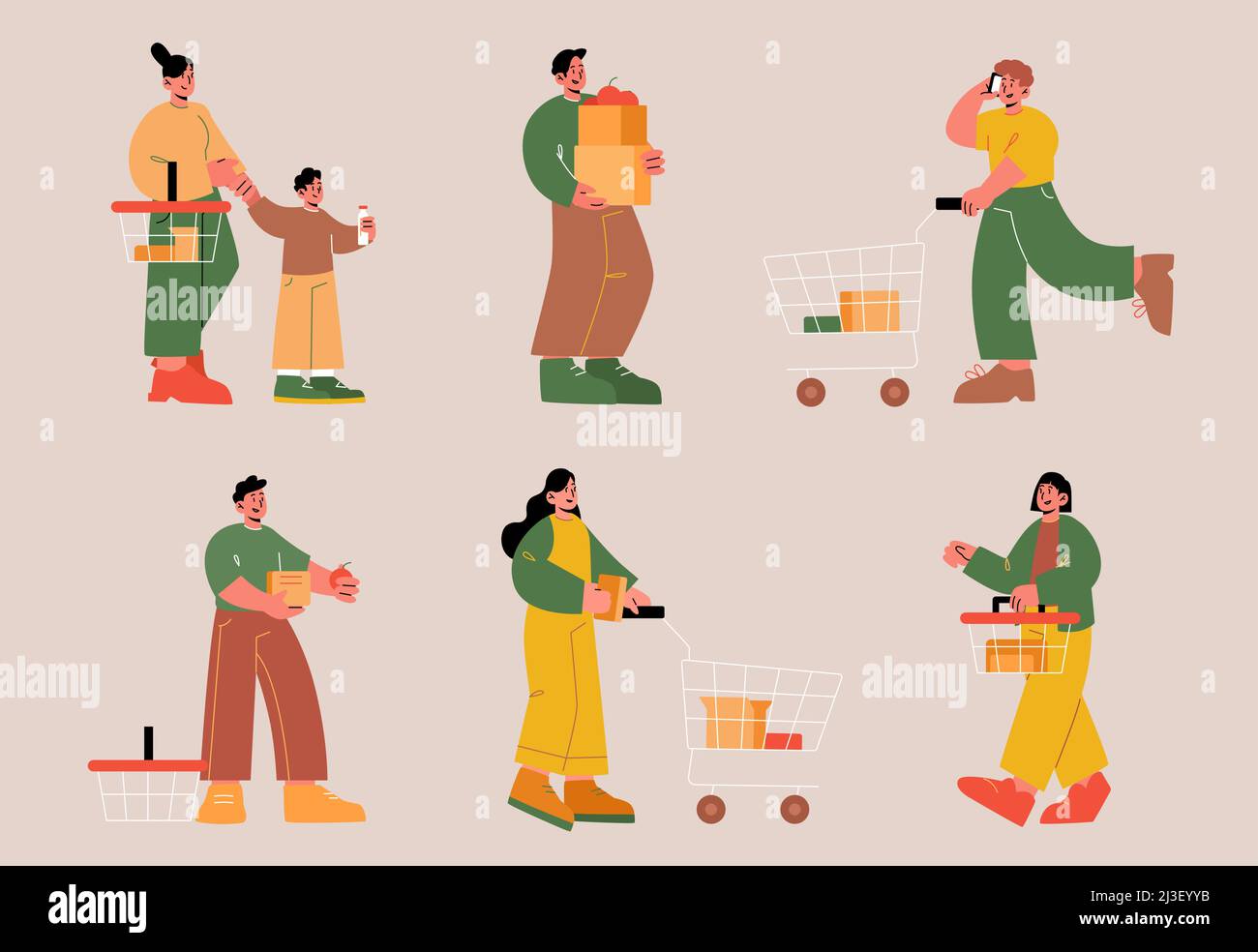 Supermarket and grocery visitors, people with carts and paper bags ...