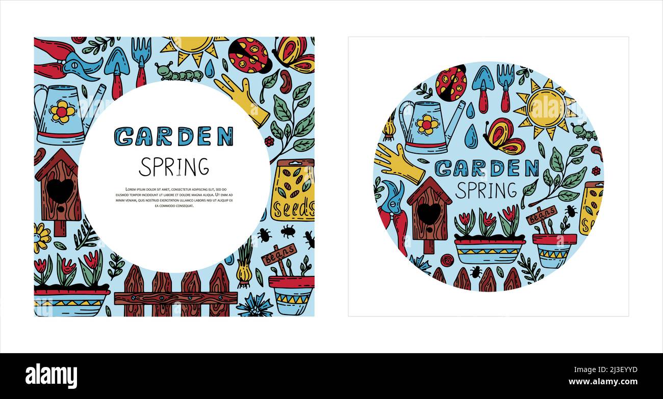 Vector gardening doodle banners. Cartoon hand drawn isolated design ...
