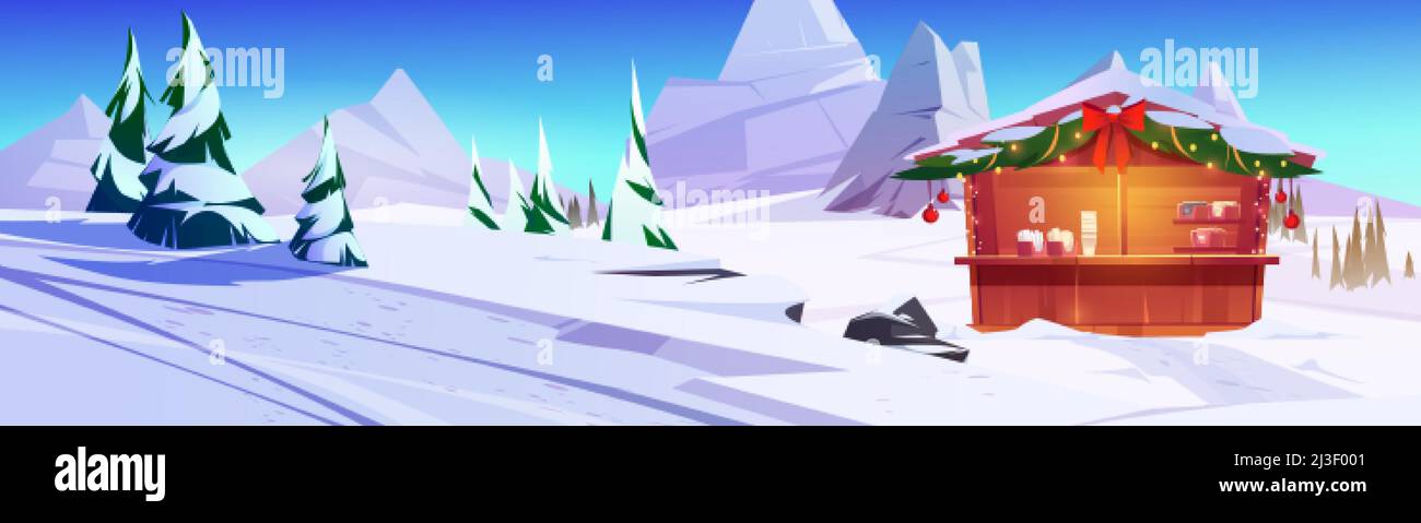 Cafe with Christmas decoration on snow slope in mountains. Vector ...