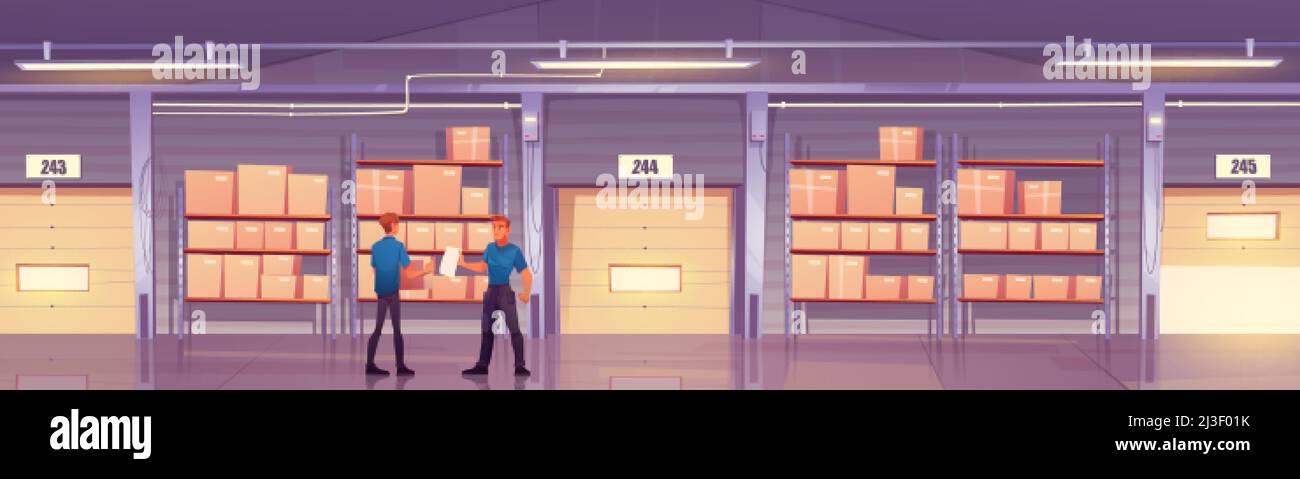 Warehouse with workers, cardboard boxes on shelves and closed gates ...