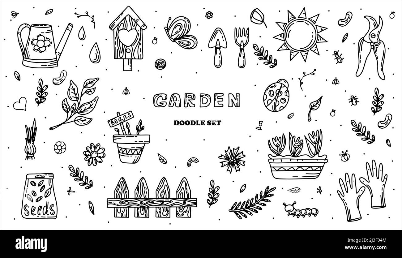 Vector gardening doodle set. Cartoon hand drawn isolated design ...