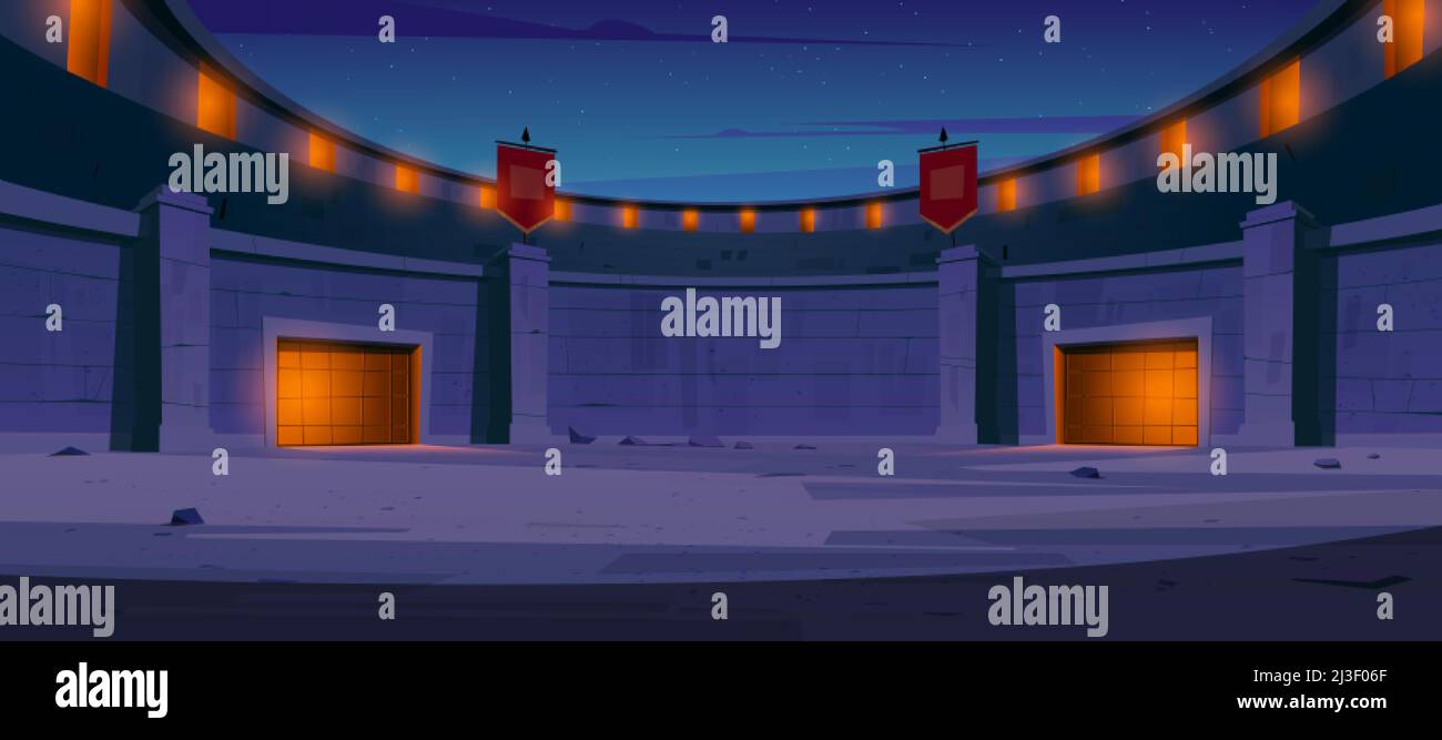 Ancient roman arena for gladiators fight at night. Vector cartoon ...