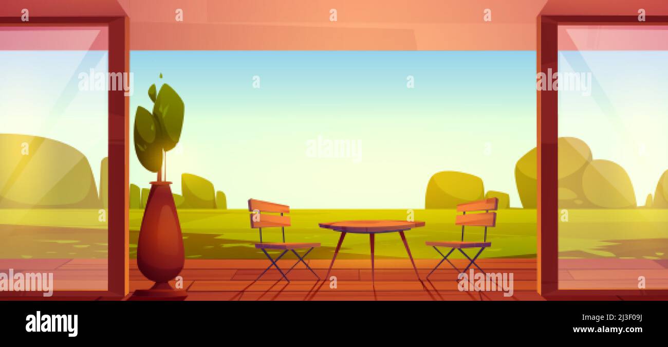 House terrace, wooden patio with table, chairs and view to garden ...