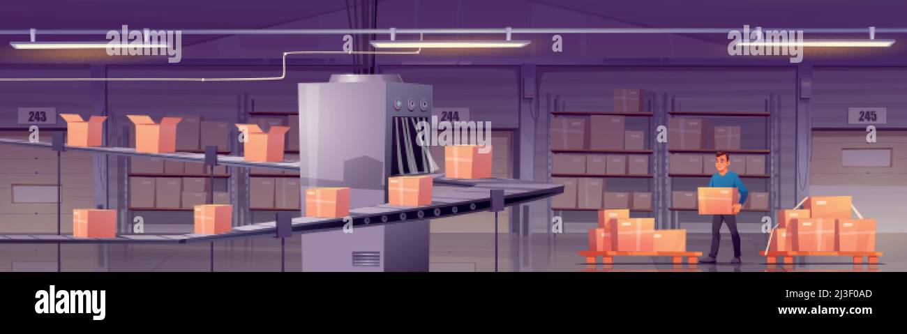 Worker loading boxes on conveyor belt at factory manufacture room ...