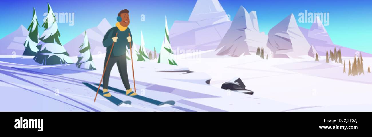 Man rides on ski on snow slope in mountains. Vector cartoon ...