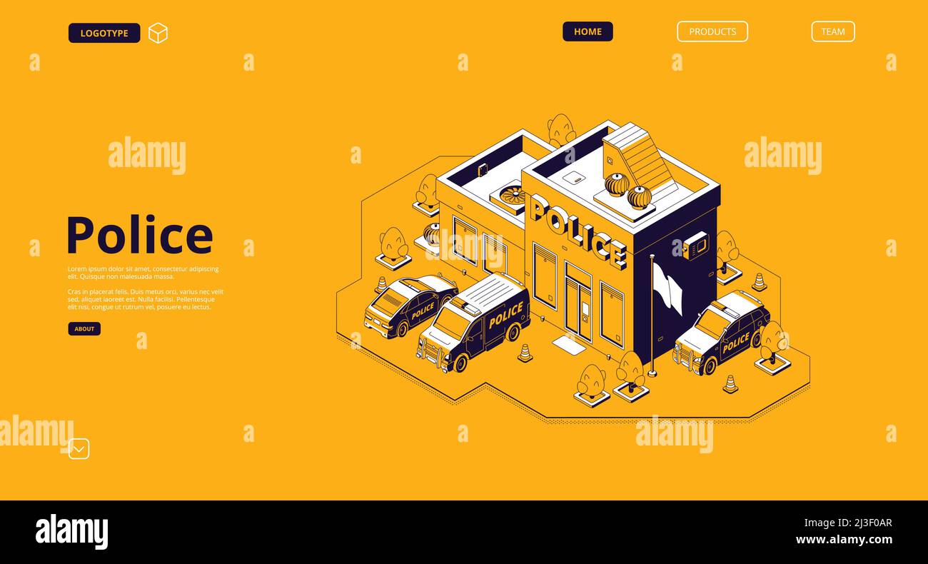 Police station banner with isometric building and patrol cars. Vector ...