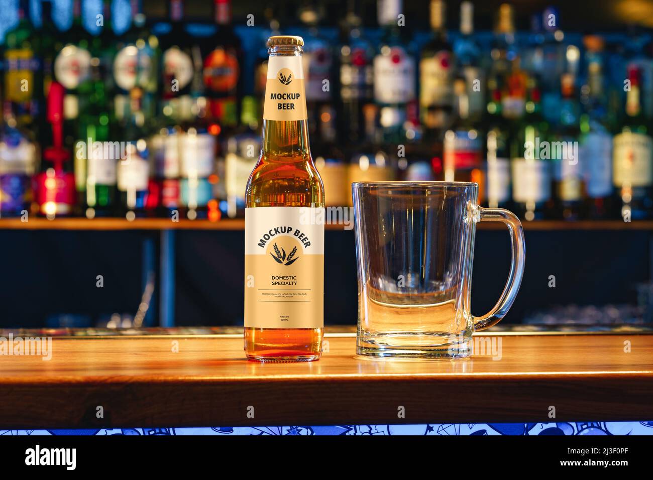 Beer bottle mock-up against blurred bar counter Stock Photo - Alamy