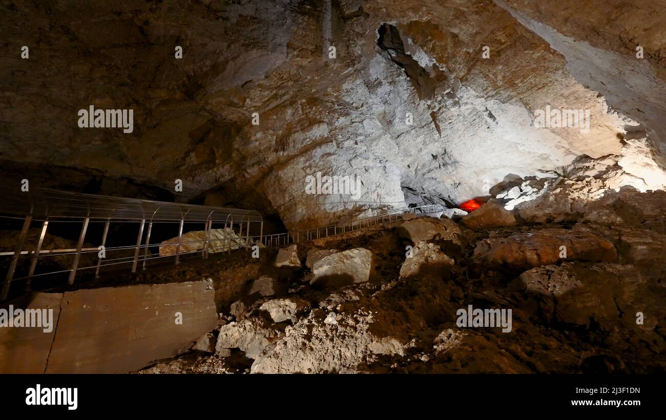 Tourist caves in rocks. Action. Huge rock caves with hiking trails ...