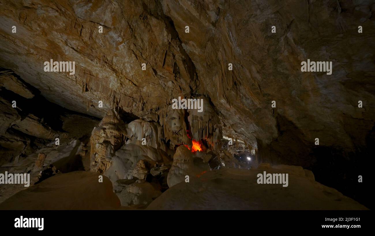 Tourist caves in rocks. Action. Huge rock caves with hiking trails ...
