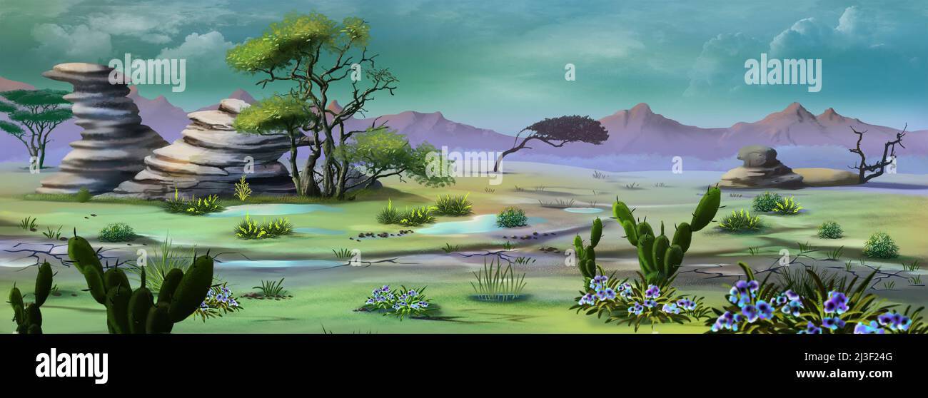African savannah wildlife after a tropical rainstorm. Digital Painting ...