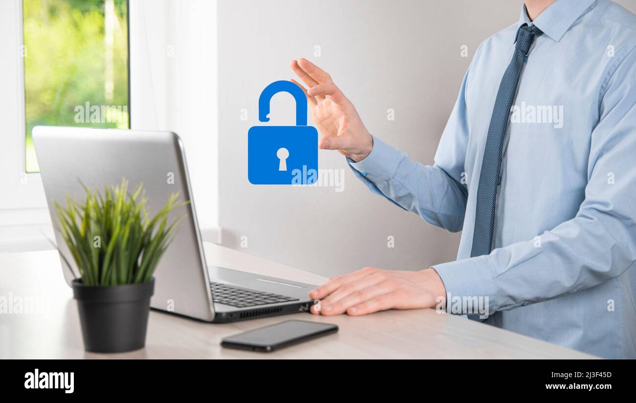 Male hand holding a lock padlock icon.Cyber security network. Internet ...