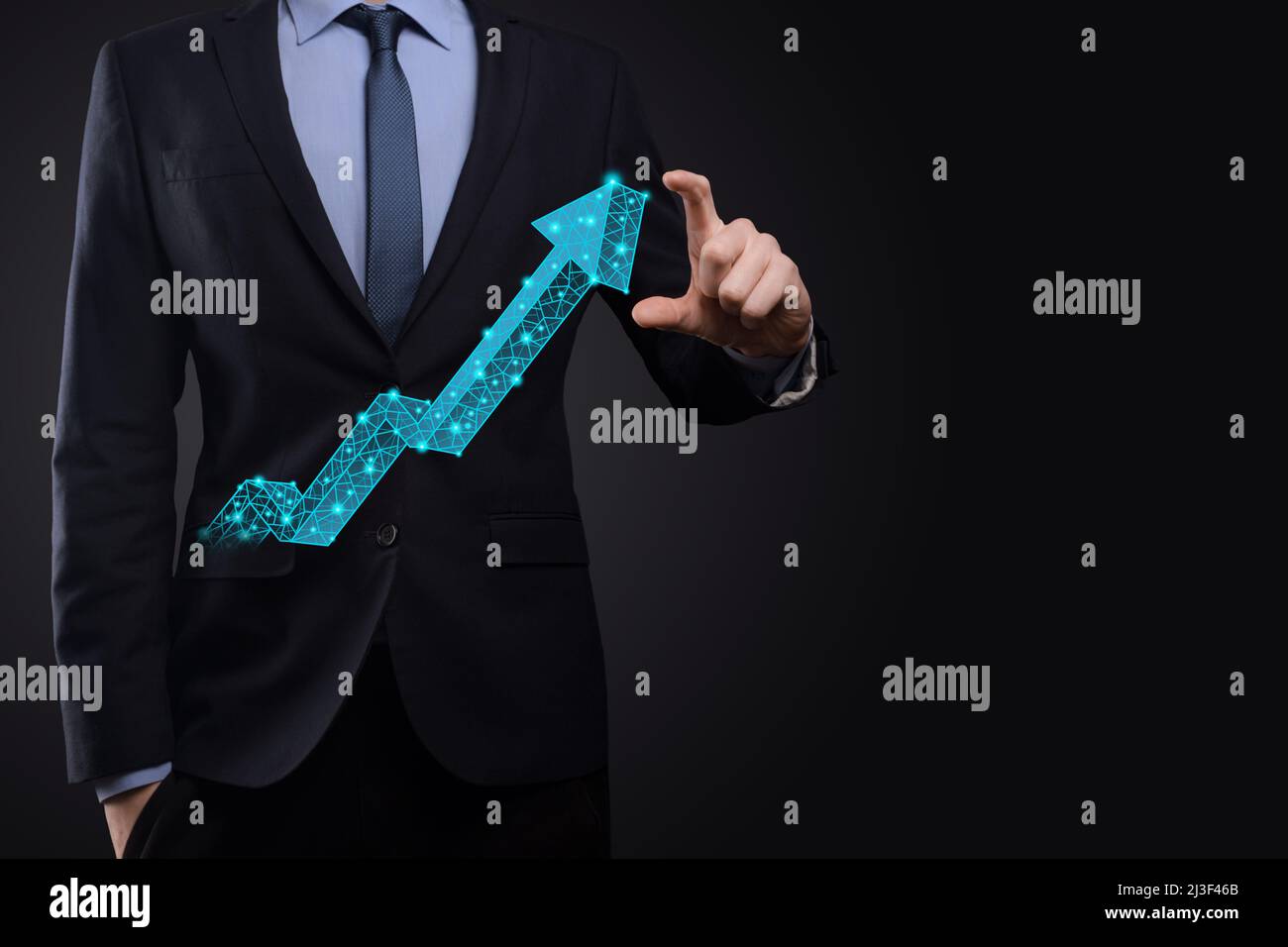 Businessman hold graph, arrow of positive growth icon.pointing at ...