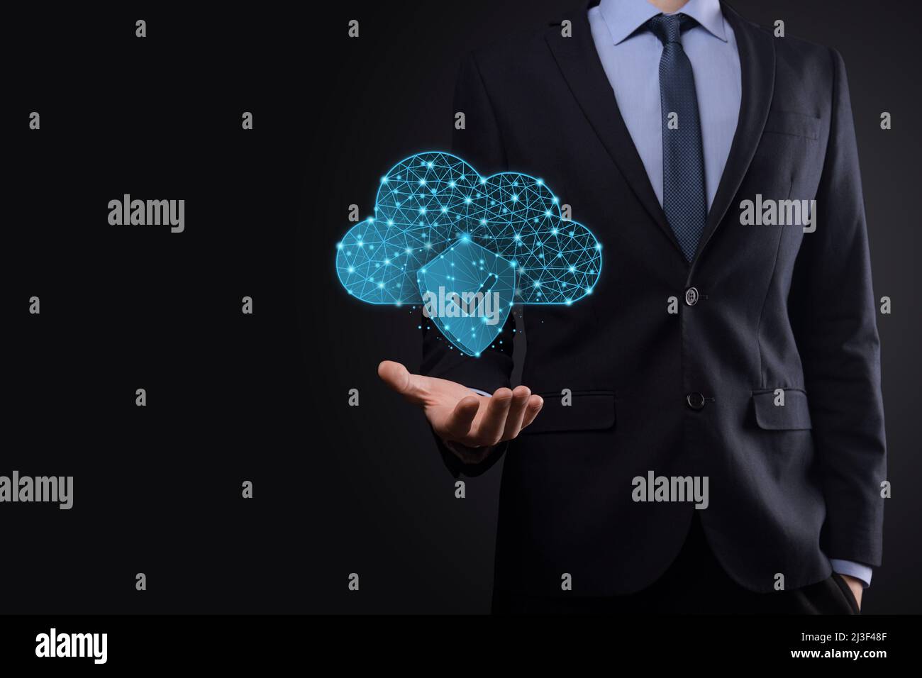 Cloud technology. Polygonal wireframe cloud storage sign with shield ...