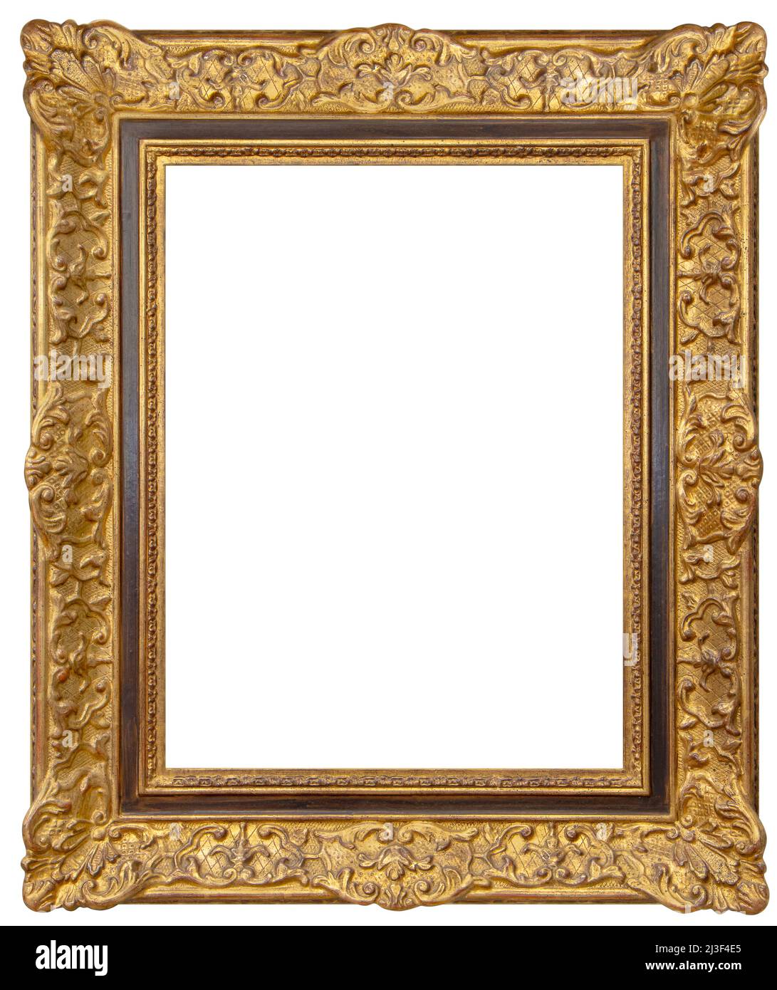 Old rectangular vintage wooden golden frame, isolated on white ...