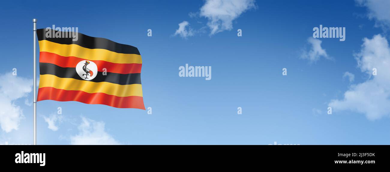 Uganda flag, three dimensional render, isolated on a blue sky ...