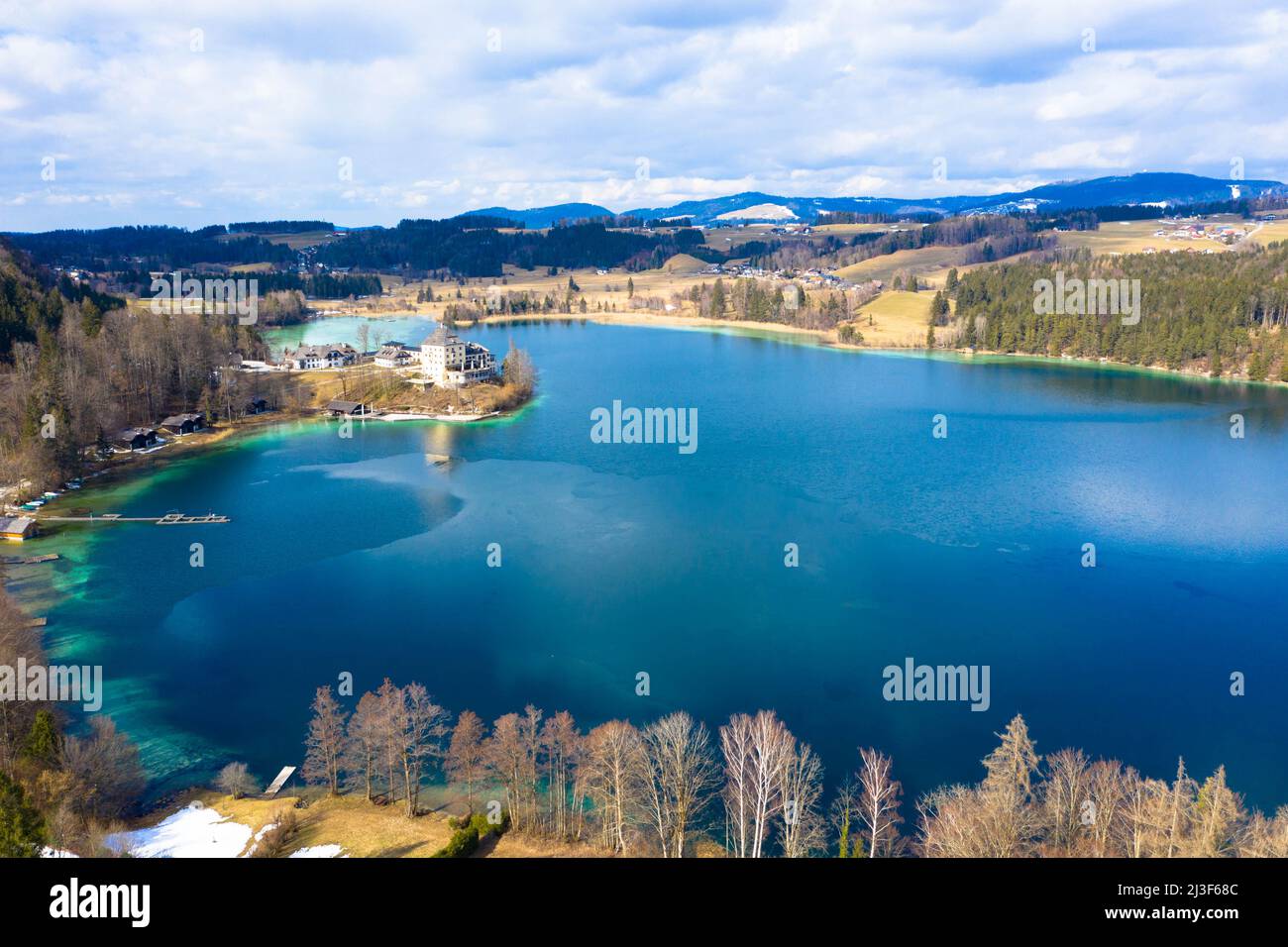 Drone panorama mountain village shore lake fuschl hi-res stock ...