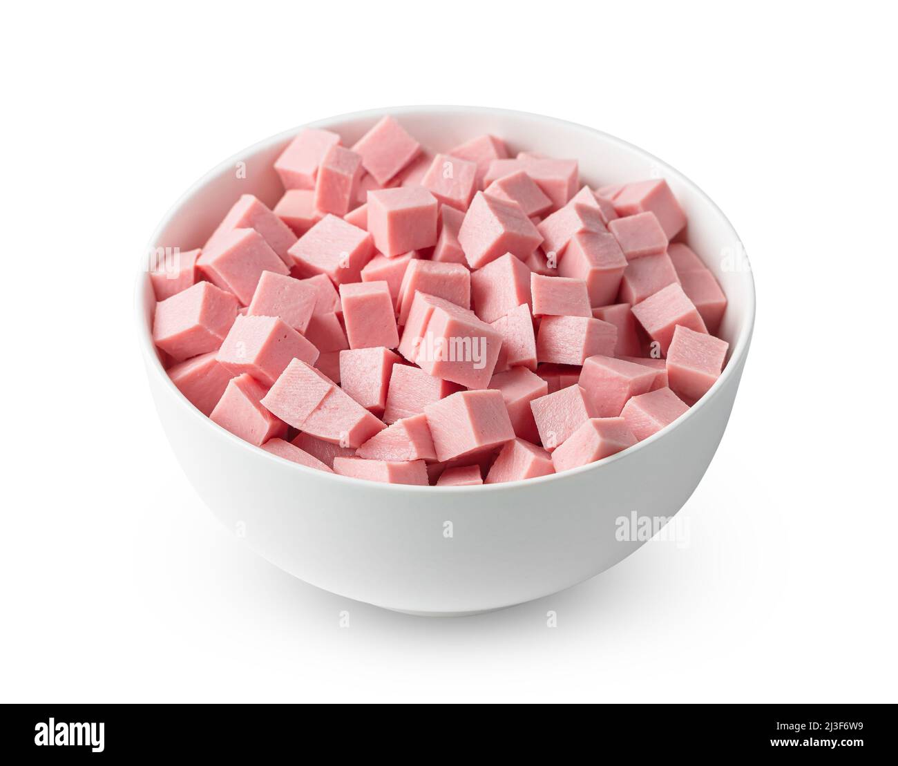 Boiled sausage cut into cubes in a cup is isolated on a white ...