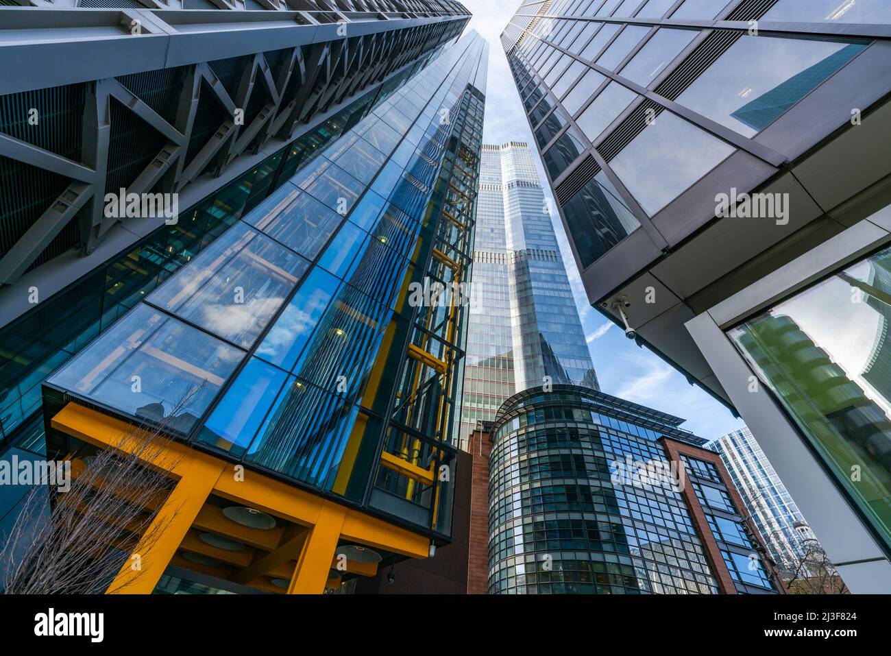 LONDON, UK - FEBRUARY 026, 2022: Upward view of modern skyscrapers in ...